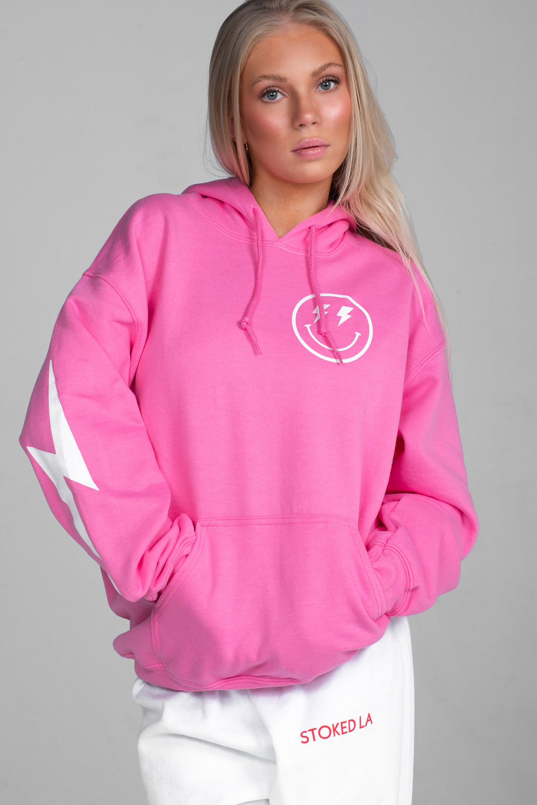 LIGHTNING SMILEY HOODIE PINK – Stoked LA